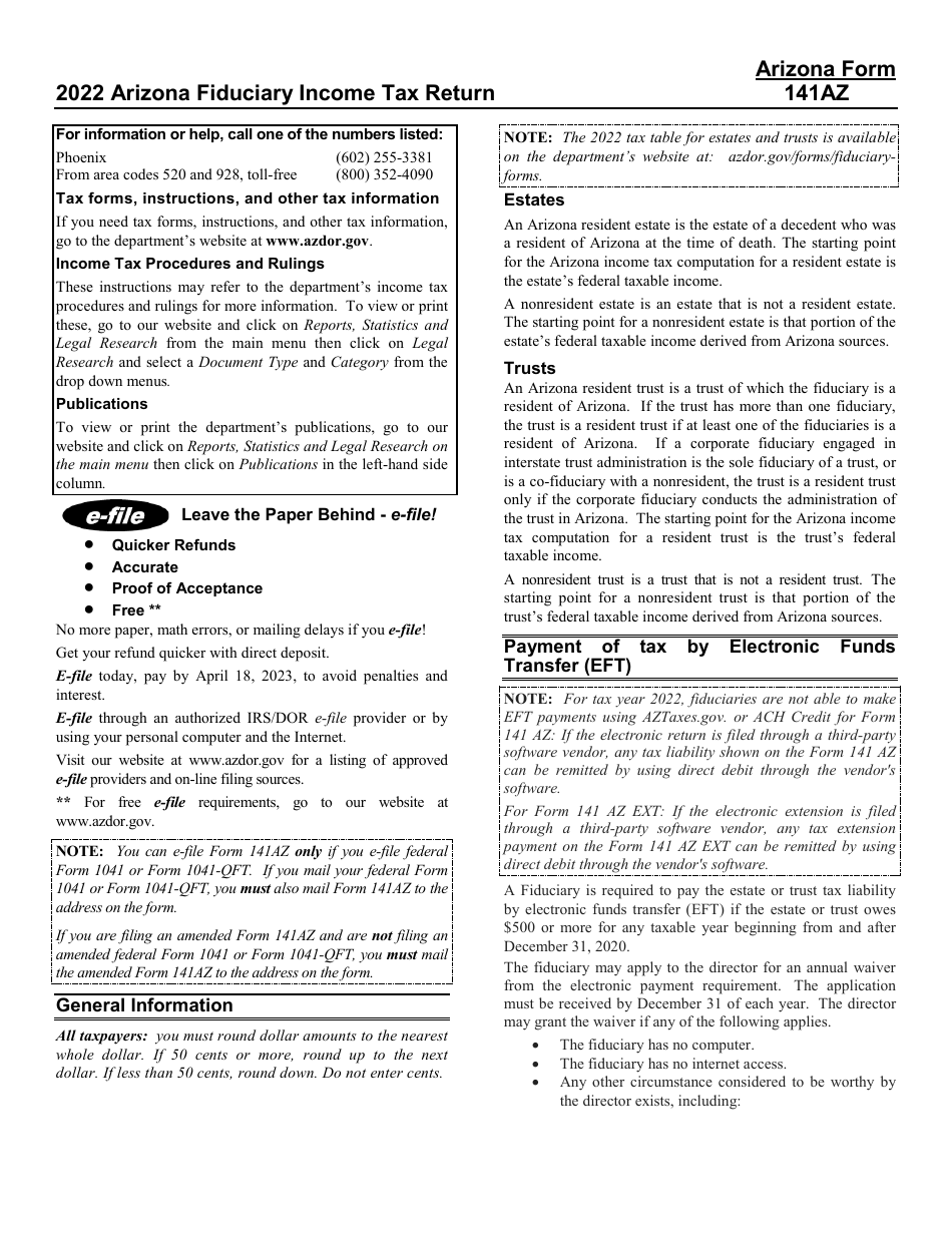 Download Instructions for Arizona Form 141AZ Arizona Fiduciary Income ...