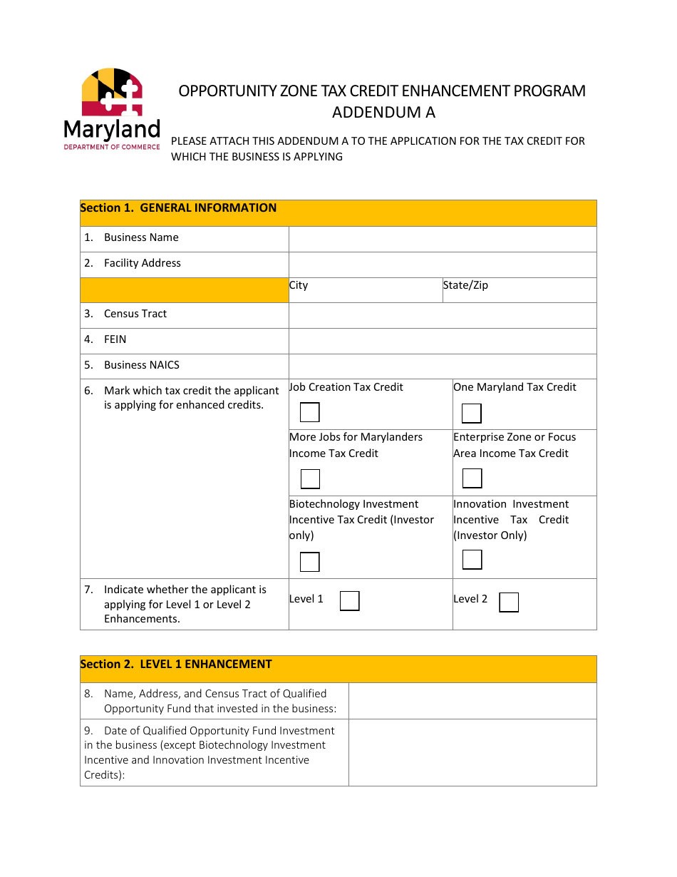 Maryland Opportunity Zone Tax Credit Enhancement Program Application ...