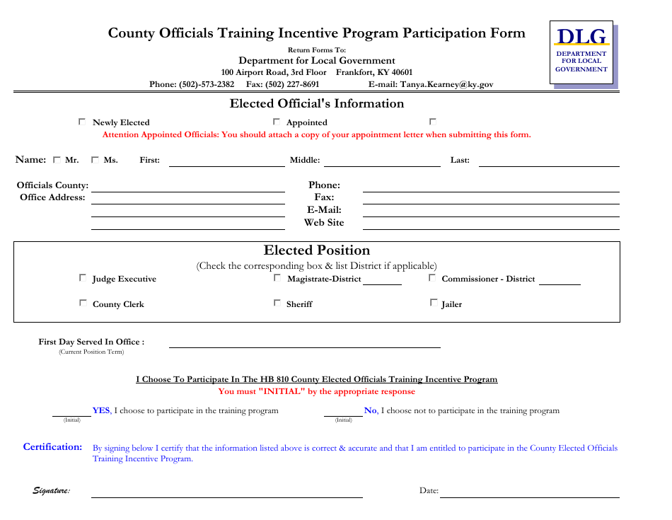 Kentucky County Officials Training Incentive Program Participation Form ...