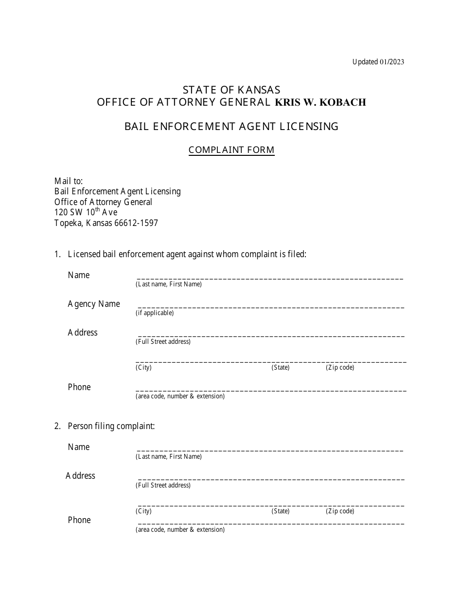 Kansas Bail Enforcement Agent Licensing Complaint Form Download Fillable PDF 2016 — 2025 ...