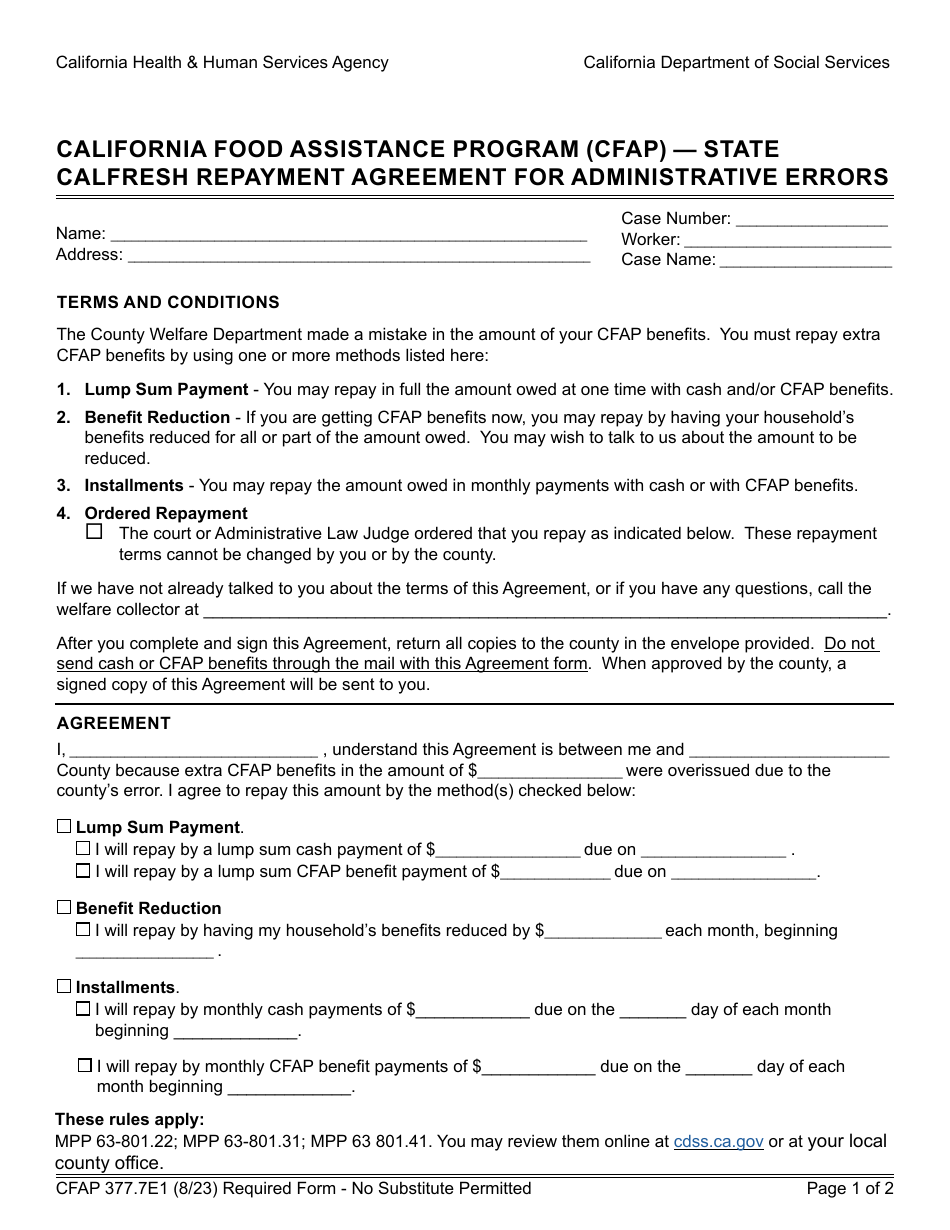 Form CFAP377.7E1 - Fill Out, Sign Online and Download Fillable PDF ...
