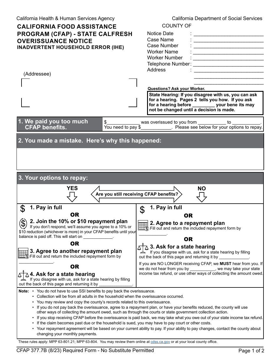 Form CFAP377.7B - Fill Out, Sign Online and Download Fillable PDF ...