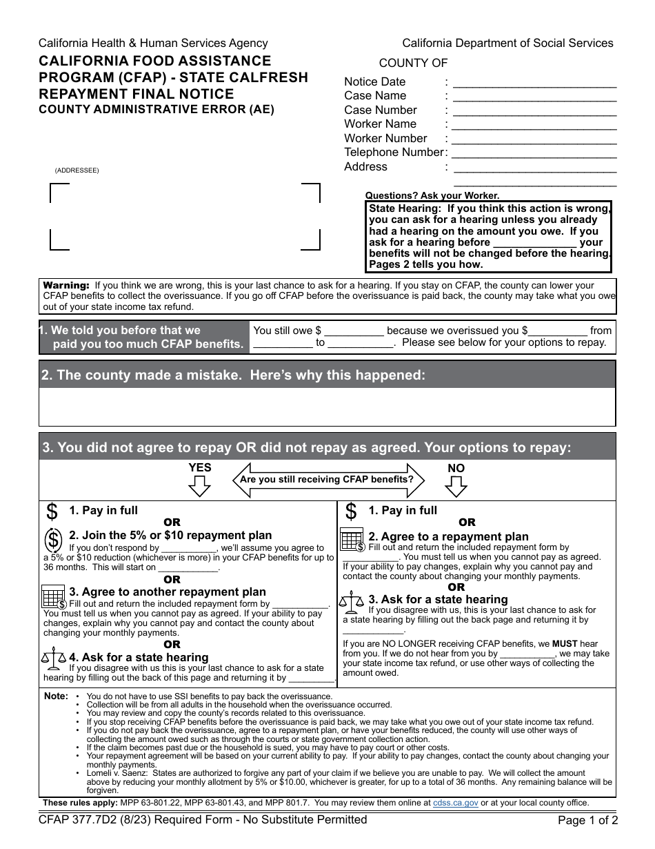 Form CFAP377.7D2 - Fill Out, Sign Online and Download Fillable PDF ...