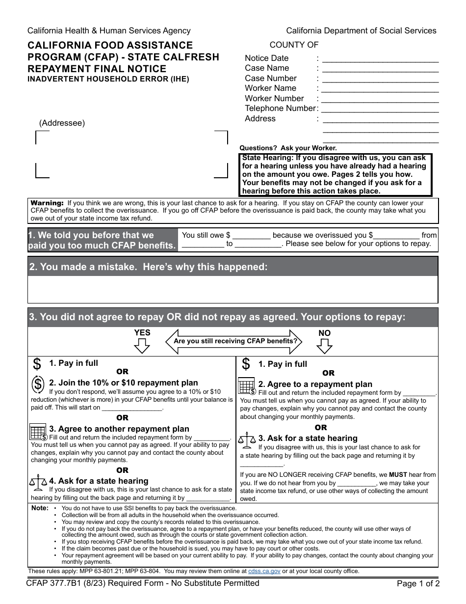 Form CFAP377.7B1 - Fill Out, Sign Online and Download Fillable PDF ...