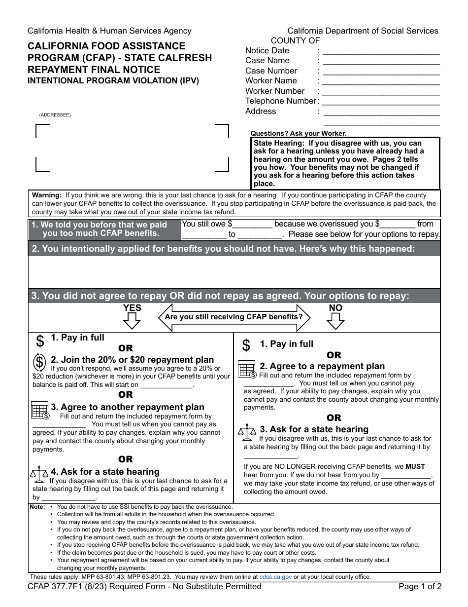 Form CFAP377.7F1 - Fill Out, Sign Online and Download Fillable PDF ...