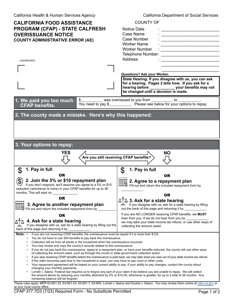 Form CFAP377.7D3 - Fill Out, Sign Online and Download Fillable PDF ...
