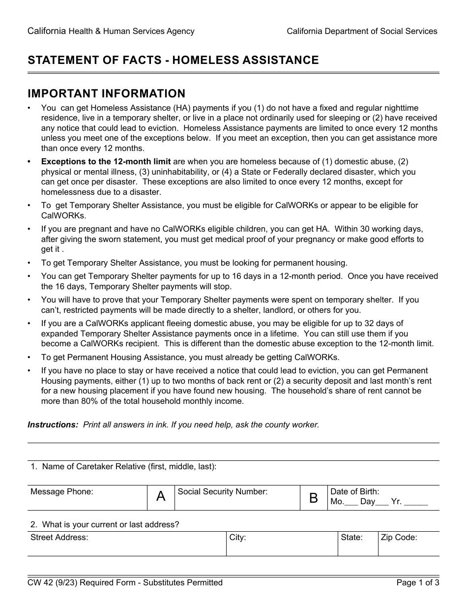 Form CW42 Download Fillable PDF or Fill Online Statement of Facts ...