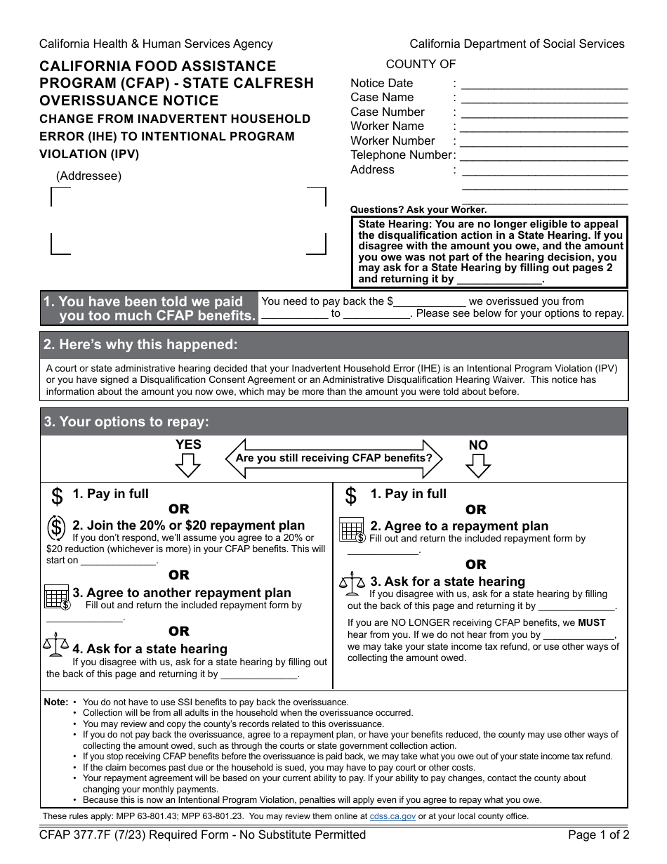 Form CFAP377.7F - Fill Out, Sign Online and Download Fillable PDF ...