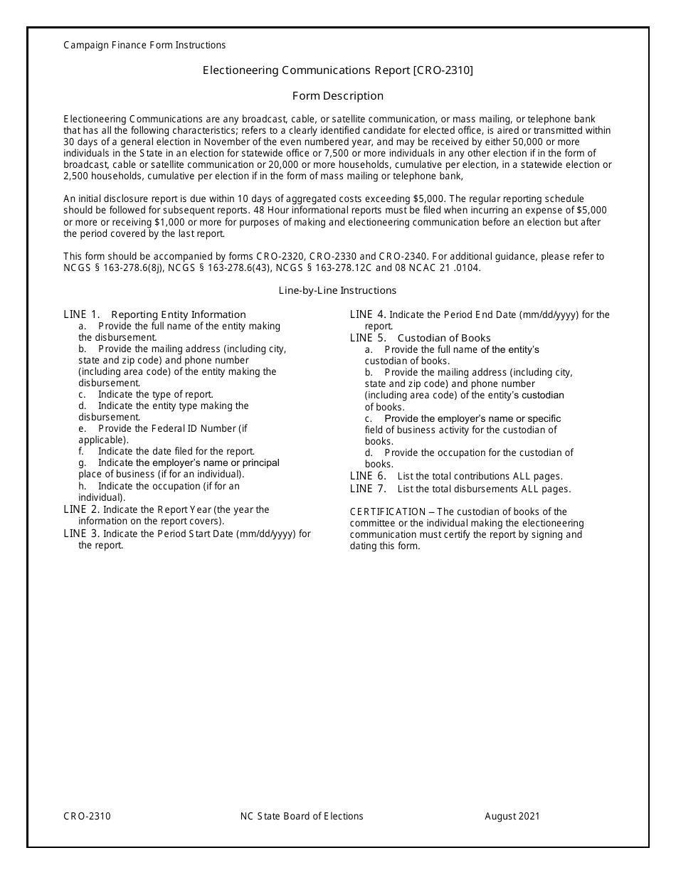 Download Instructions for Form CRO-2310 Electioneering Communications Report PDF | Templateroller