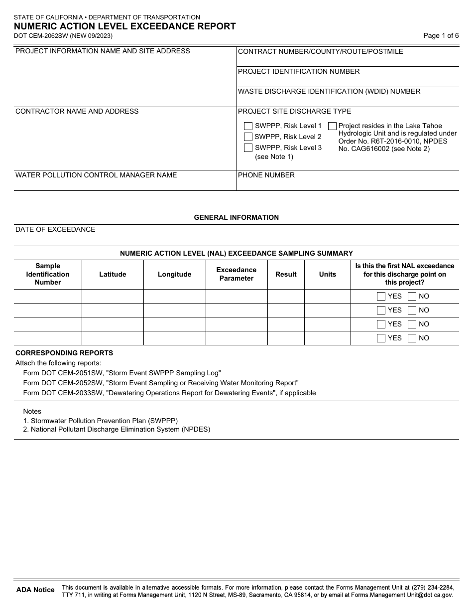 Form DOT CEM-2062SW - Fill Out, Sign Online and Download Fillable PDF ...
