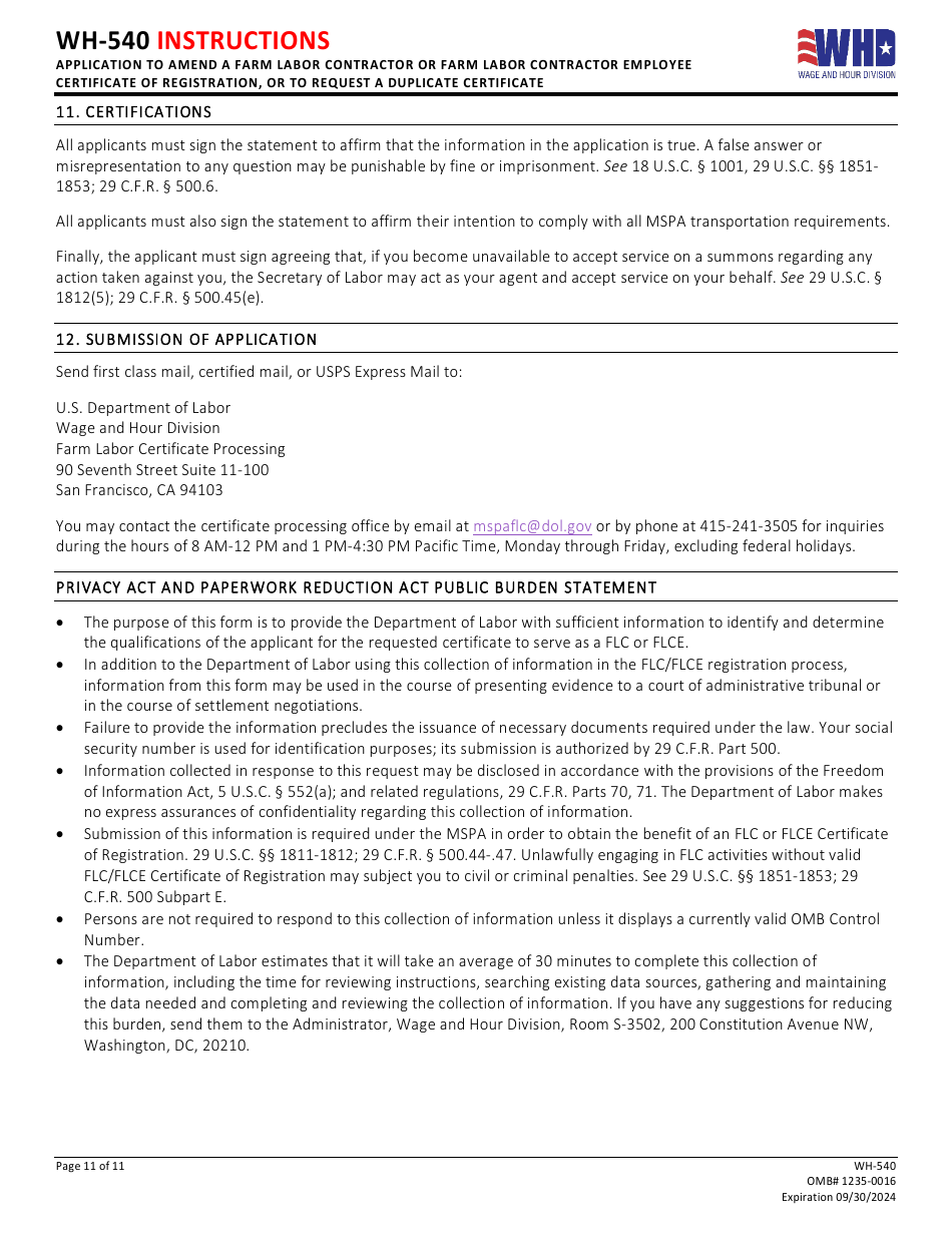 Form WH-540 - Fill Out, Sign Online and Download Fillable PDF | Templateroller