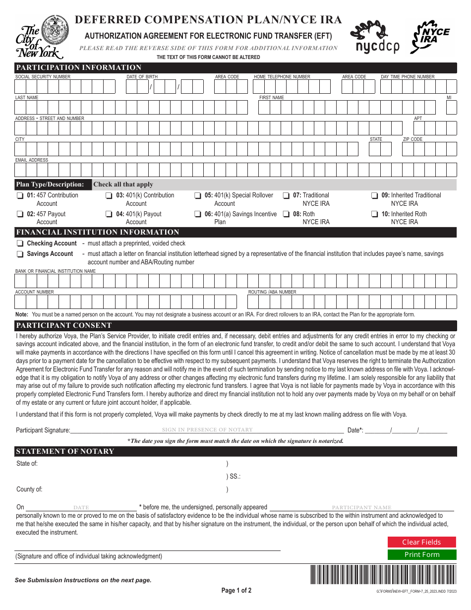 New York Deferred Compensation Plan/Nyce Ira Authorization Agreement ...