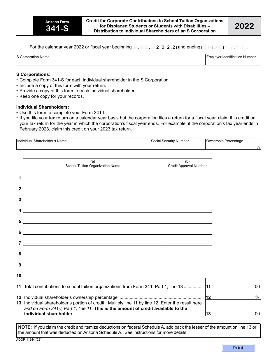 Arizona Form 341-S (ADOR11244) Download Fillable PDF or Fill Online ...
