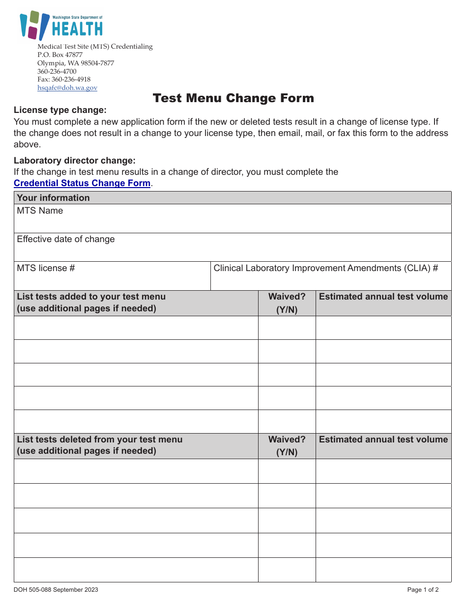 DOH Form 505-088 Download Printable PDF or Fill Online Test Menu Change ...