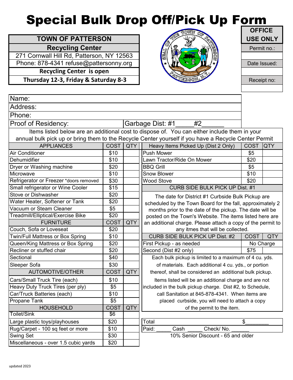 Town of Patterson, New York Special Bulk Drop off/Pick up Form Download ...
