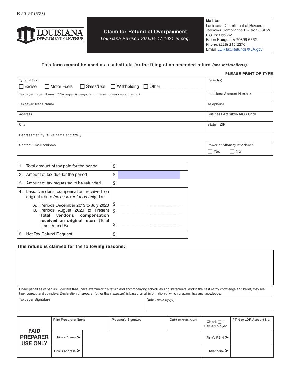 Form R-20127 Download Fillable PDF or Fill Online Claim for Refund of ...