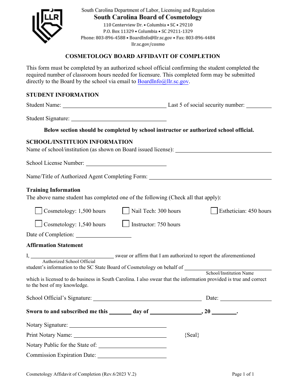 South Carolina Cosmetology Board Affidavit of Completion - Fill Out ...