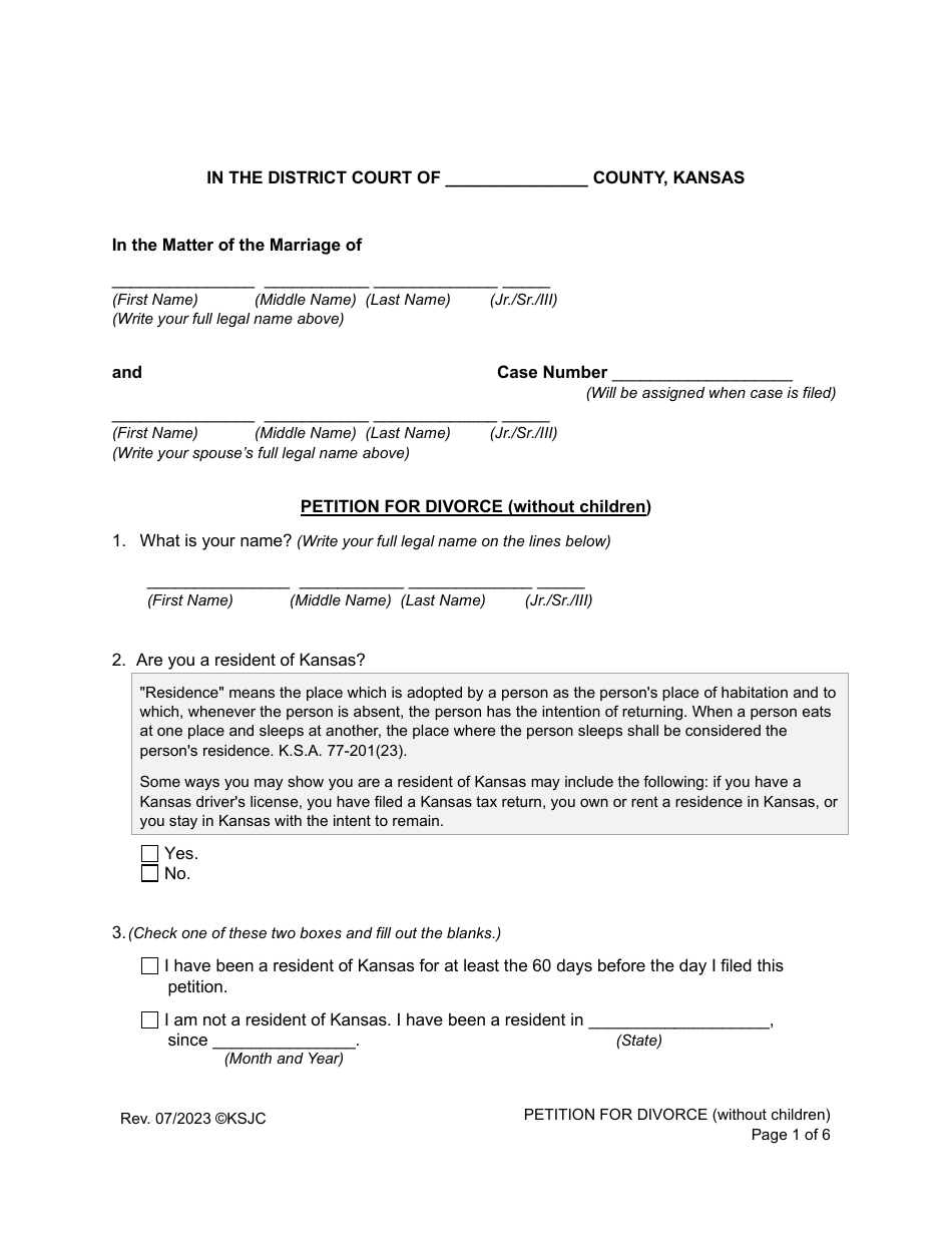 Kansas Petition for Divorce (Without Children) Download Fillable PDF ...