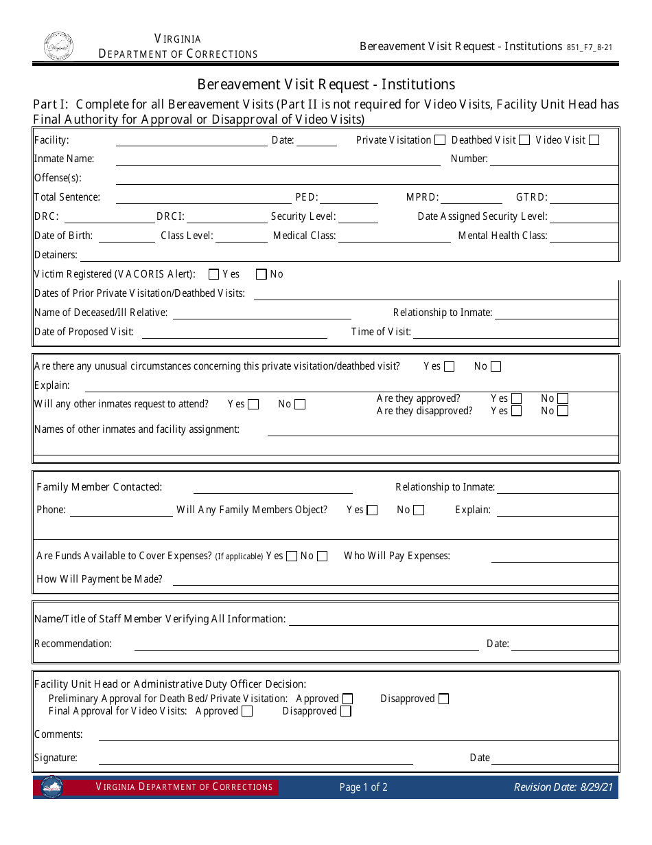 Form 7 Download Printable PDF or Fill Online Bereavement Visit Request ...