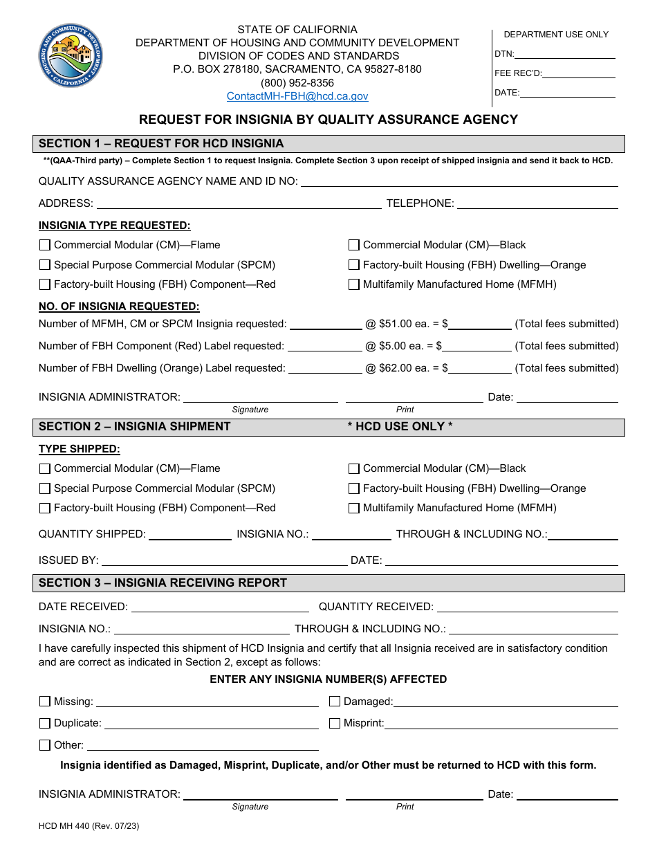 Form HCD MH440 Download Fillable PDF or Fill Online Request for Insignia by Quality Assurance ...