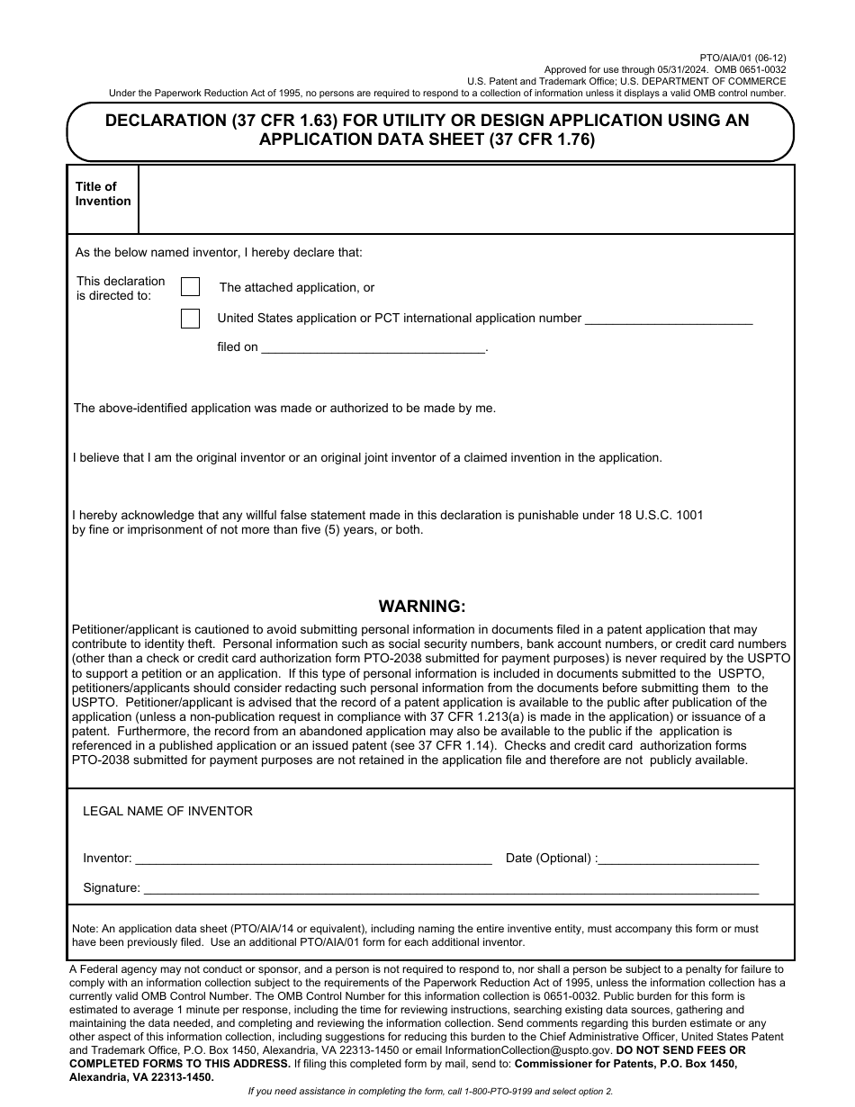 Form PTO/AIA/01 - Fill Out, Sign Online and Download Fillable PDF ...