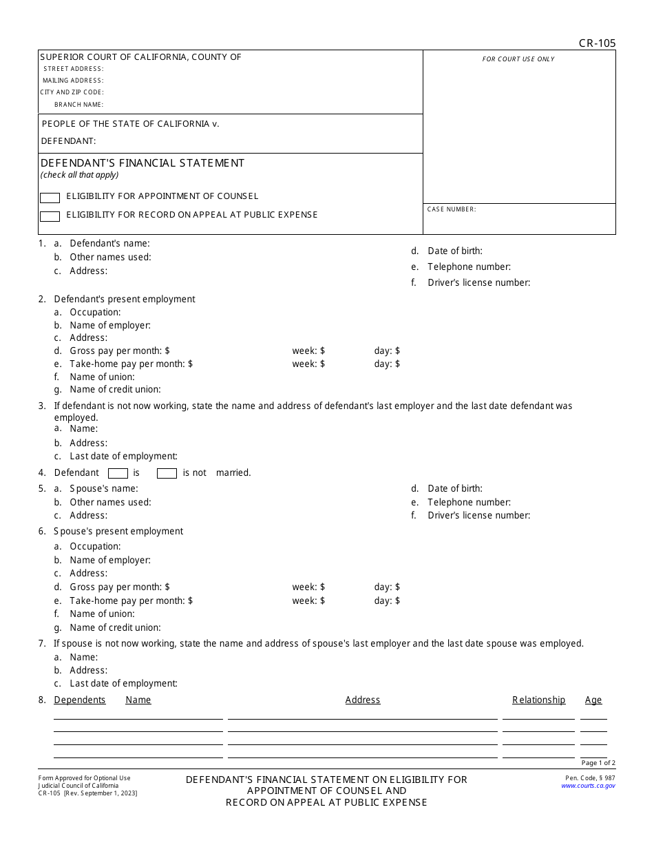 Form CR-105 Download Fillable PDF or Fill Online Defendant's Financial ...