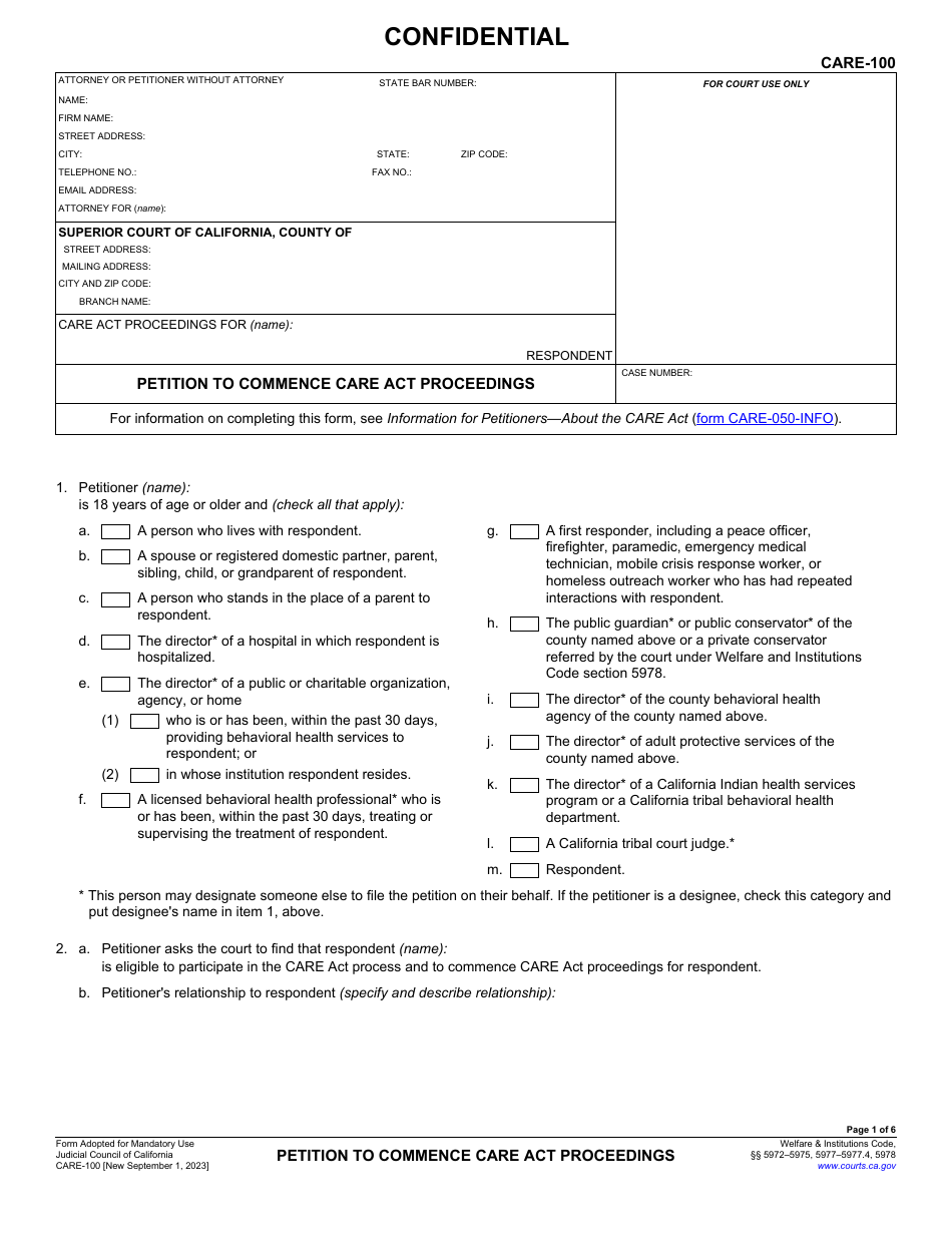 Form CARE-100 - Fill Out, Sign Online and Download Fillable PDF ...