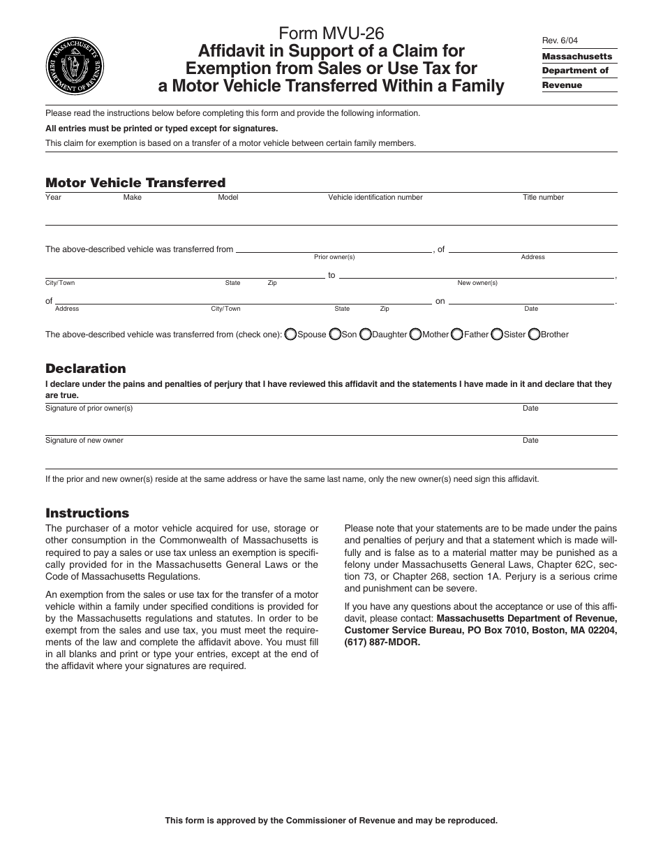 Form MVU-26 - Fill Out, Sign Online and Download Fillable PDF ...