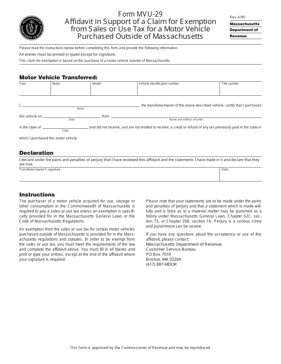 Form MVU-29 - Fill Out, Sign Online and Download Fillable PDF ...
