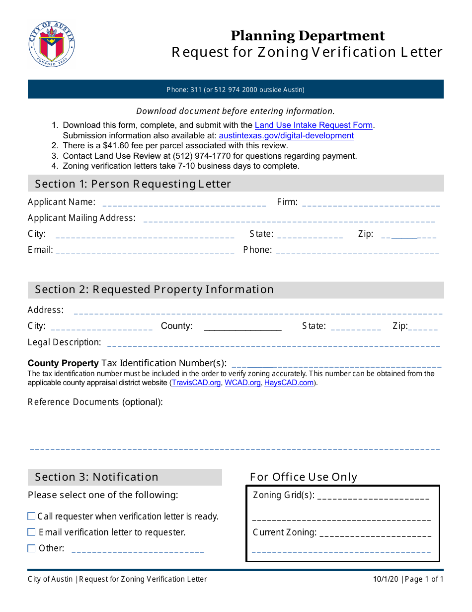 City of Austin, Texas Request for Zoning Verification Letter - Fill Out ...