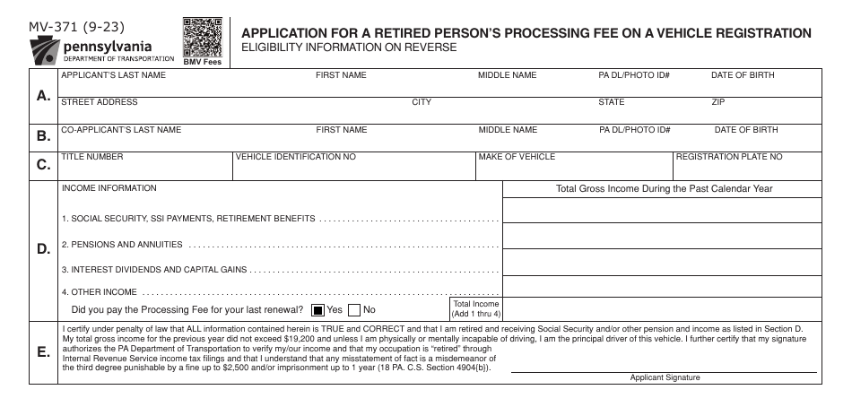 Form MV-371 Download Fillable PDF or Fill Online Application for a ...