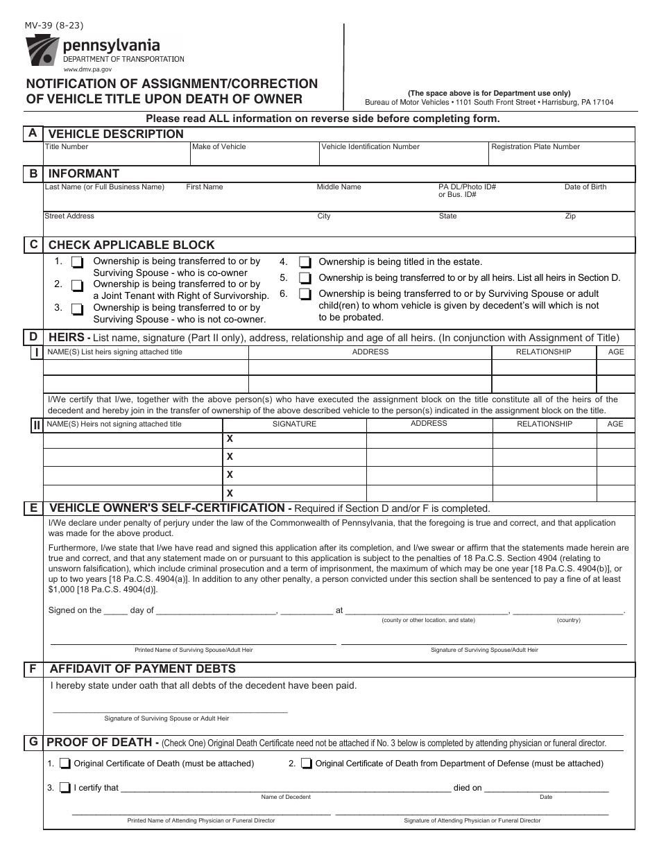 Form MV-39 Download Printable PDF or Fill Online Notification of ...