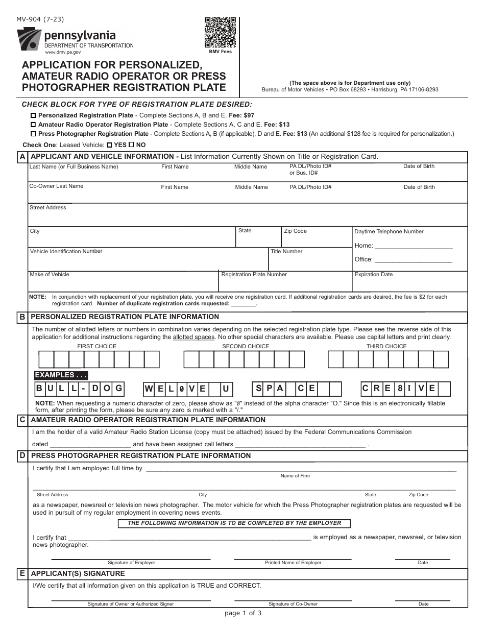 Form MV-904 Download Fillable PDF or Fill Online Application for ...