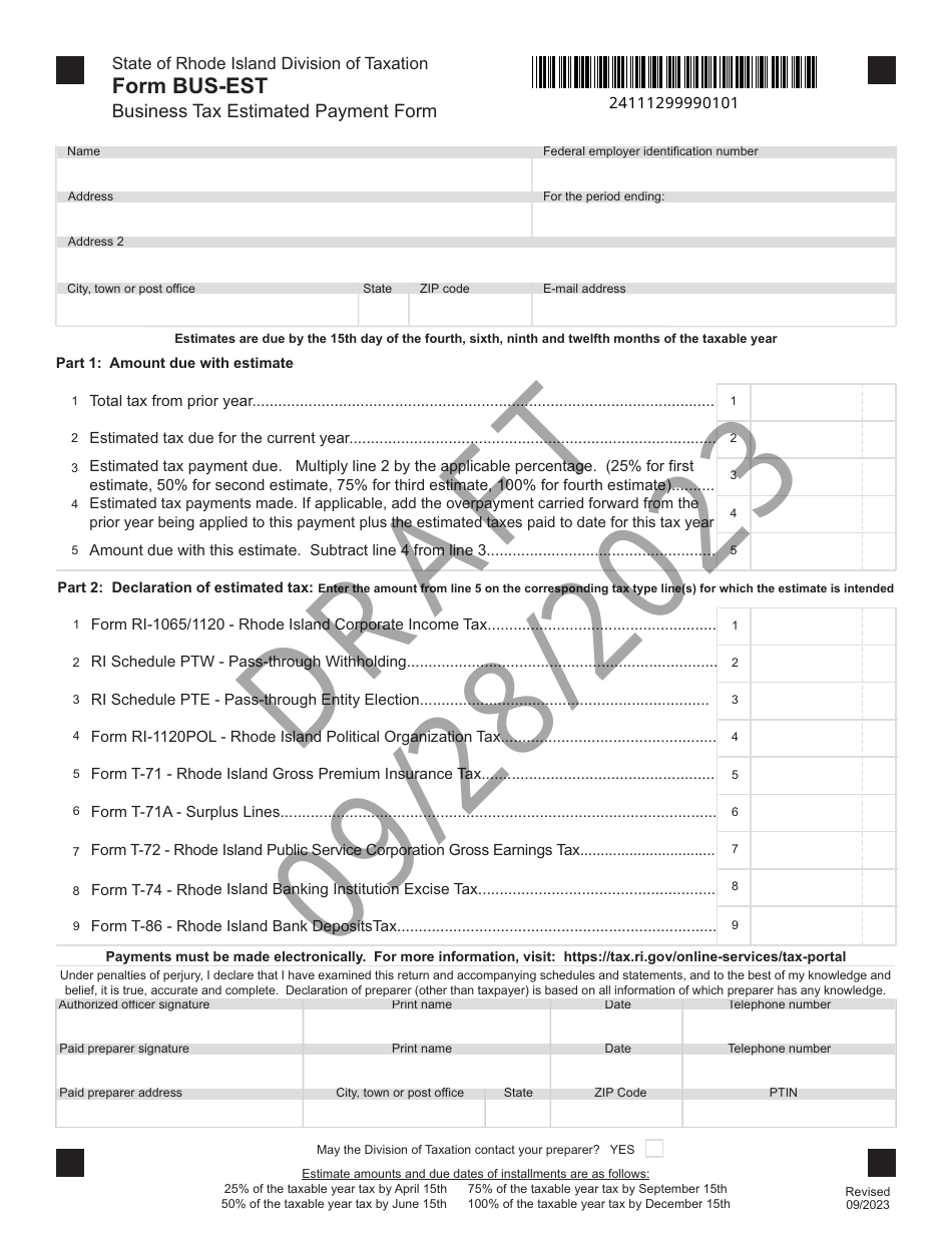Form BUS-EST Download Printable PDF or Fill Online Usiness Tax ...