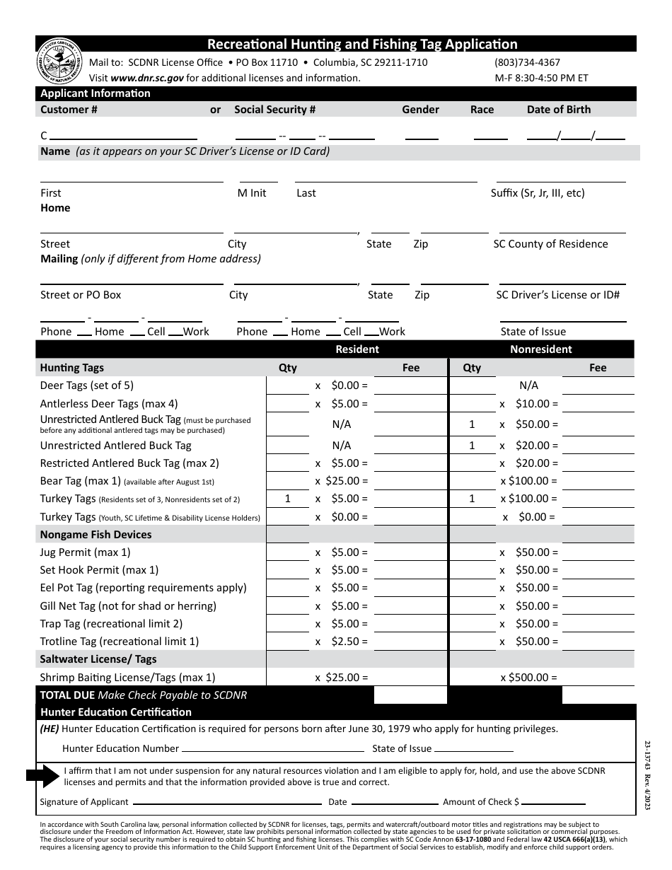 Form 23-13743 - Fill Out, Sign Online and Download Fillable PDF, South ...