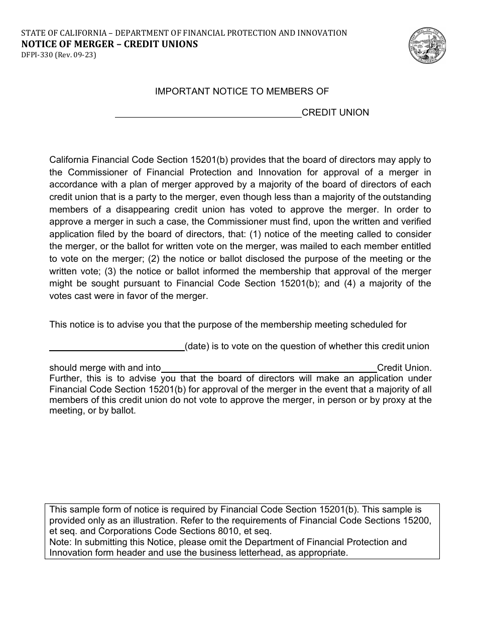 Form DFPI-330 Download Fillable PDF or Fill Online Notice of Merger ...