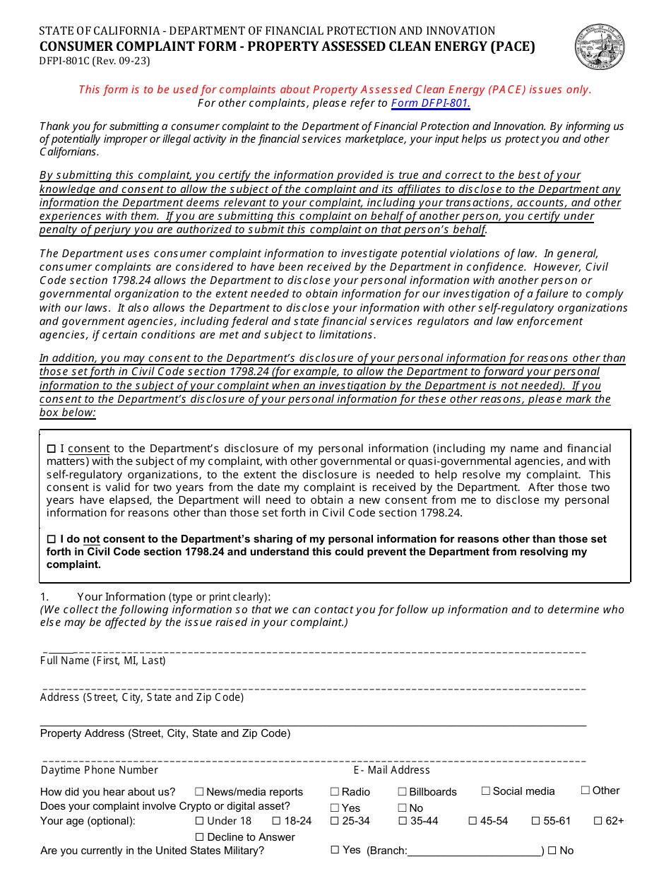 Form DFPI-801C Download Fillable PDF or Fill Online Consumer Complaint ...