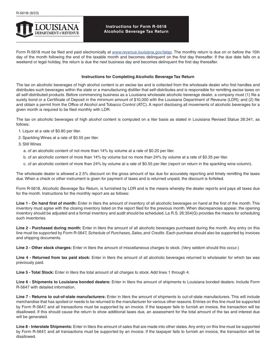 Download Instructions for Form R-5618 Alcoholic Beverage Tax Return PDF ...