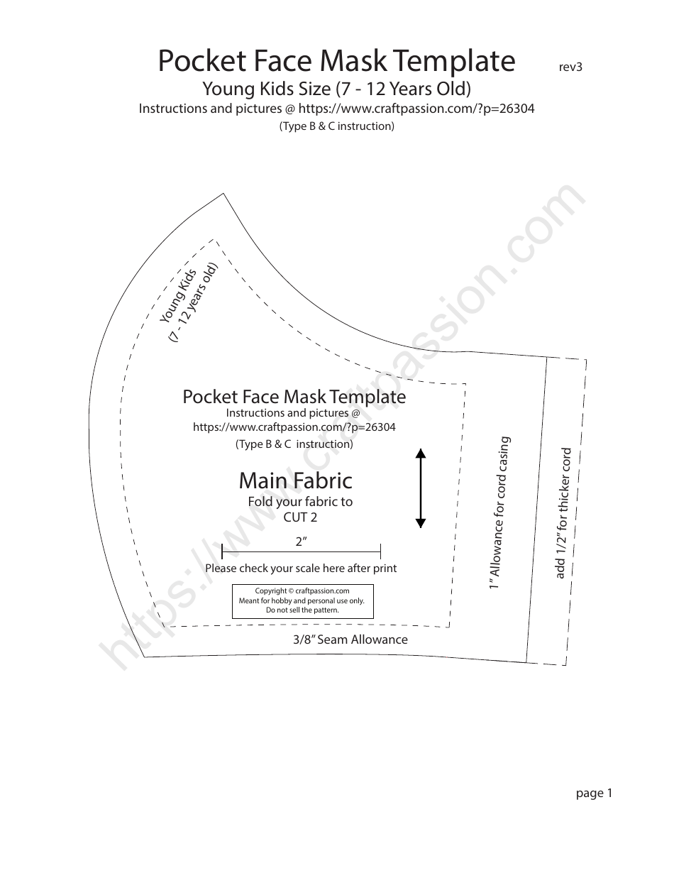 Pocket Face Mask Template - Young Kids Size (7 - 12 Years Old) Download ...
