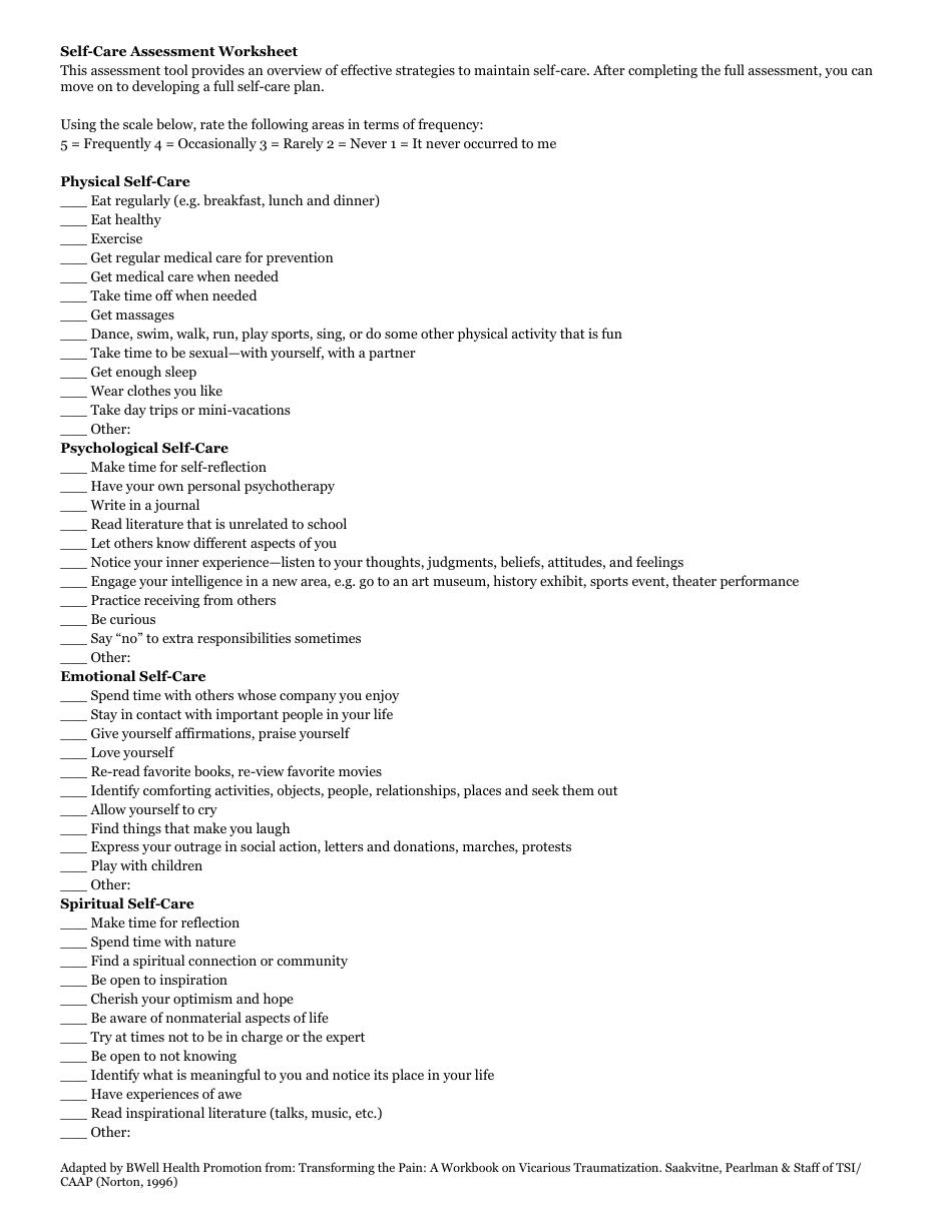 Self-care Assessment Worksheet - Norton Download Printable PDF ...