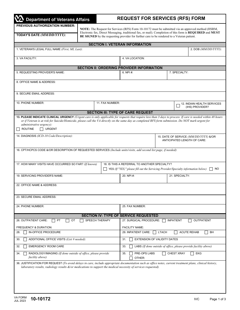 VA Form 10 10172 Download Fillable PDF Or Fill Online Request For