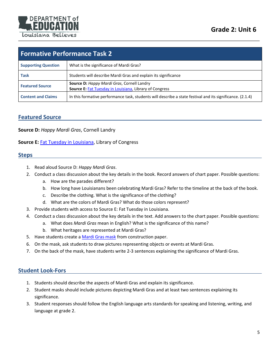 Louisiana Social Studies - Grade 2, Unit 6 - Festivals - Fill Out, Sign Online and Download PDF ...