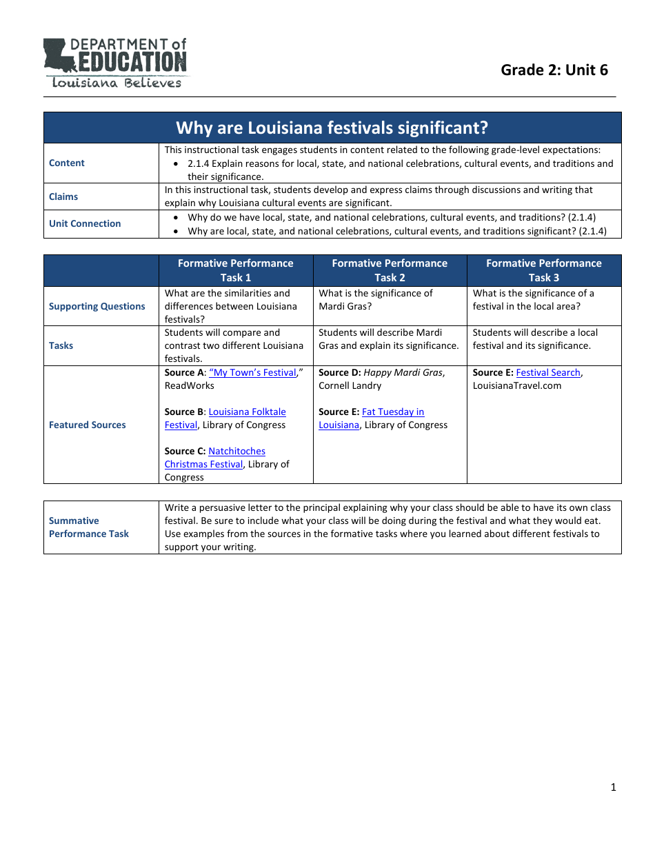 Louisiana Social Studies - Grade 2, Unit 6 - Festivals - Fill Out, Sign ...