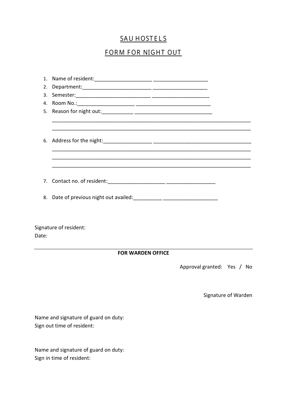Delhi India Night out Form - South Asian University Hostels - Fill Out, Sign Online and Download ...