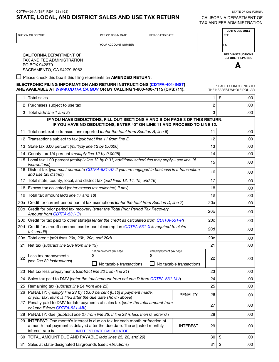 Form CDTFA-401-A Download Fillable PDF or Fill Online State, Local, and ...