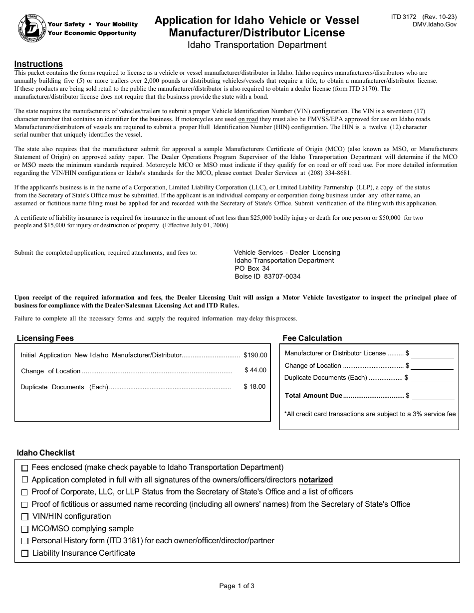 Form ITD3172 - Fill Out, Sign Online and Download Fillable PDF, Idaho ...