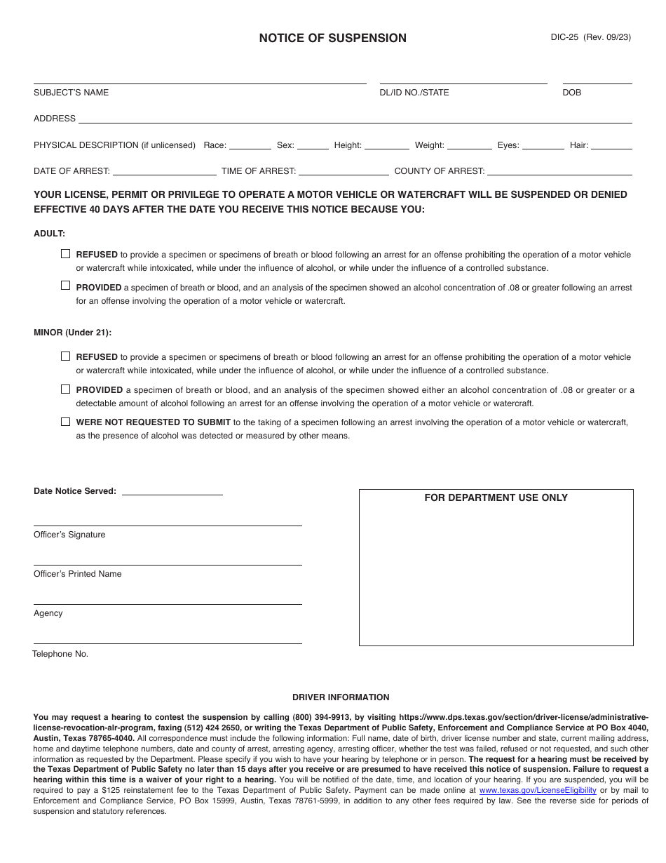 Form DIC-25 Download Fillable PDF or Fill Online Notice of Suspension ...