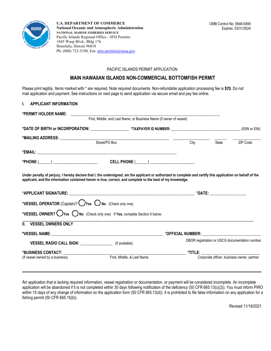 Pacific Islands Permit Application - Main Hawaiian Islands Non ...