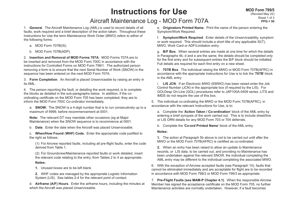 Download Instructions for MOD Form 707A Aircraft Maintenance Log PDF ...