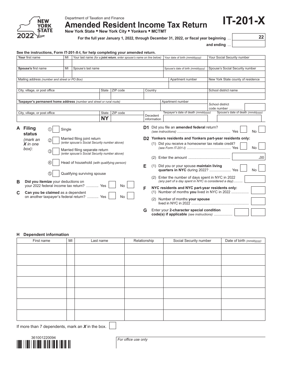 Form IT-201-X Download Fillable PDF or Fill Online Amended Resident ...